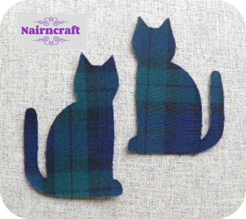 Cat Applique Patches Made in Black Watch Tartan Plaid Woven Wool Fabric ...