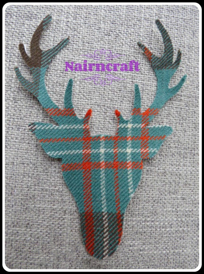 Green Tartan Deer Stag Buck Head Appliques Patch. Cut Out, Iron on or ...