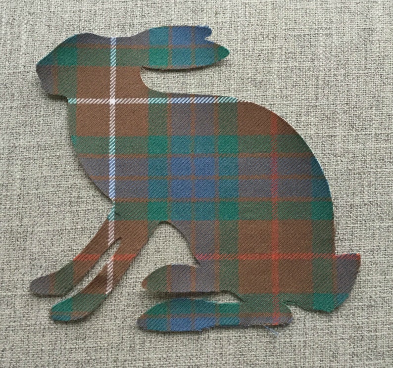 Large Rabbit Hare Applique Patch Made in Brown Green Tartan Fabric. Cut ...