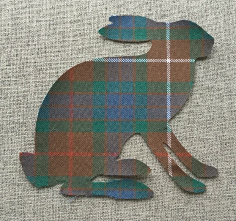 Large Rabbit Hare Applique Patch Made in Brown Green Tartan Fabric. Cut ...