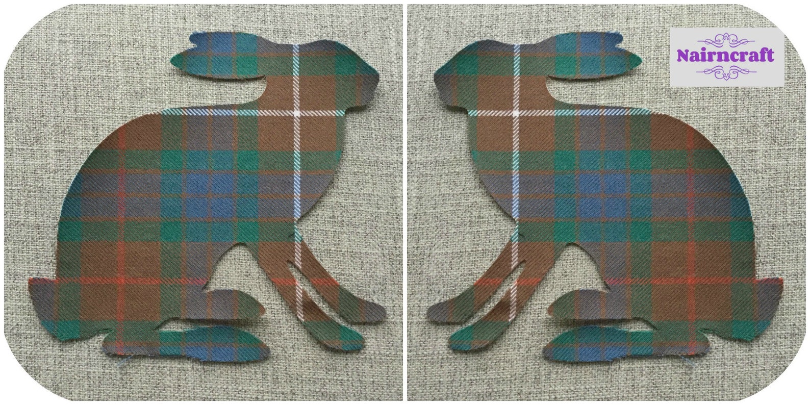 Large Rabbit Hare Applique Patch Made in Brown Green Tartan Fabric. Cut ...