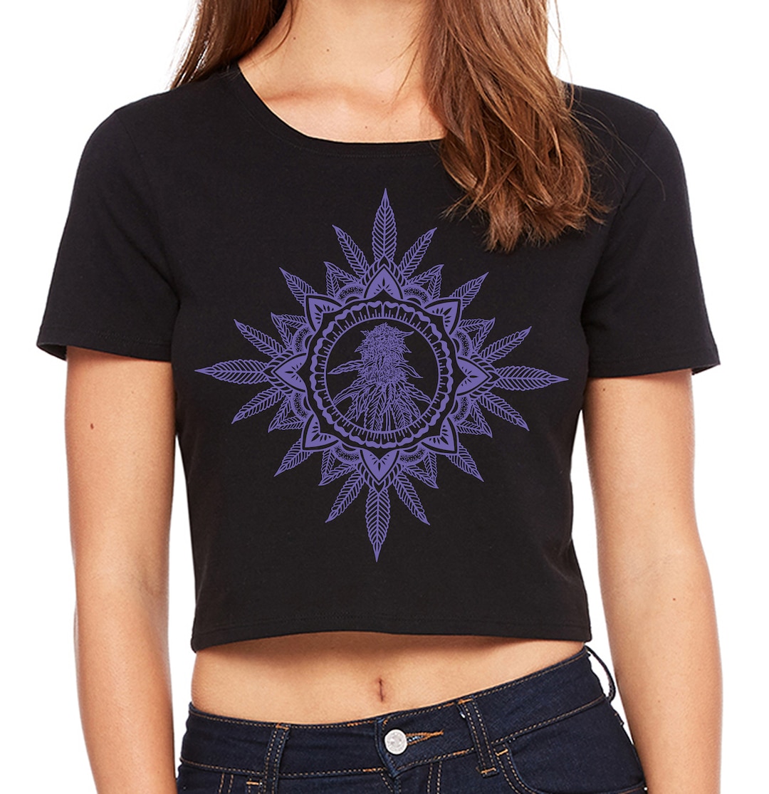 Women's GANJA MANDALA Sacred Geometry CROP Tee Tattoo Style Psychedelic ...