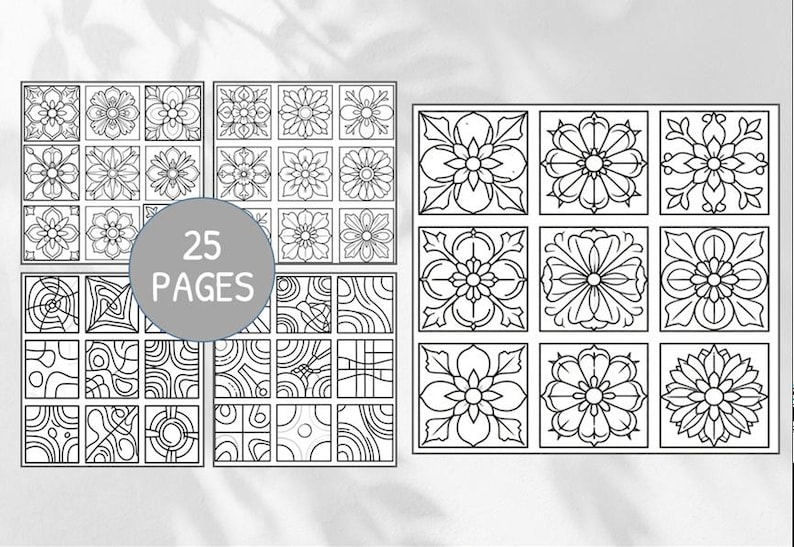 Mosaic Tile Coloring Pages, 25 Page Geometric & Floral Pattern Bundle ...