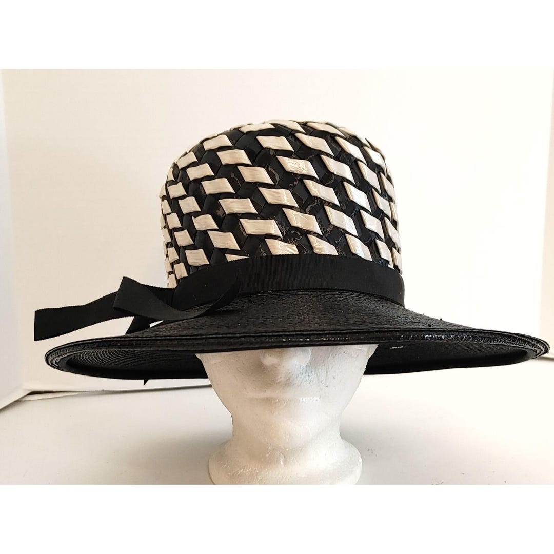 Vintage Wide Brim Raffia Hat Lee Bury Black White Straw Derby Union ...