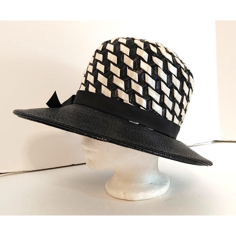 Vintage Wide Brim Raffia Hat Lee Bury Black White Straw Derby Union ...