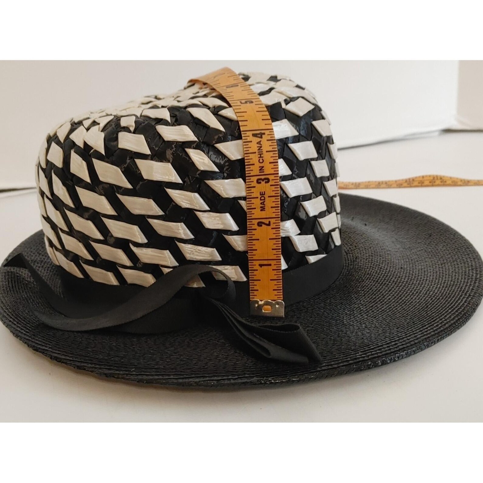 Vintage Wide Brim Raffia Hat Lee Bury Black White Straw Derby Union ...