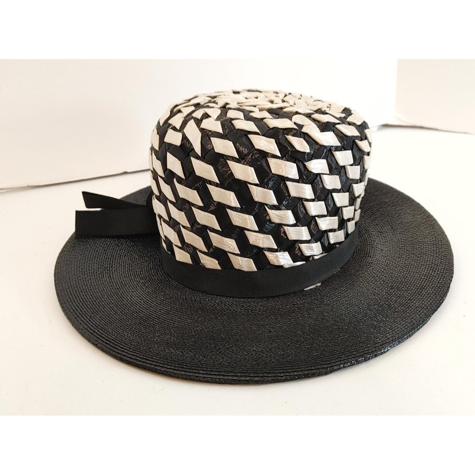 Vintage Wide Brim Raffia Hat Lee Bury Black White Straw Derby Union ...