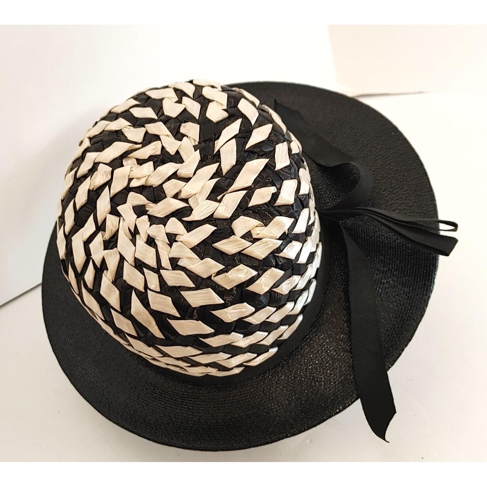 Vintage Wide Brim Raffia Hat Lee Bury Black White Straw Derby Union ...