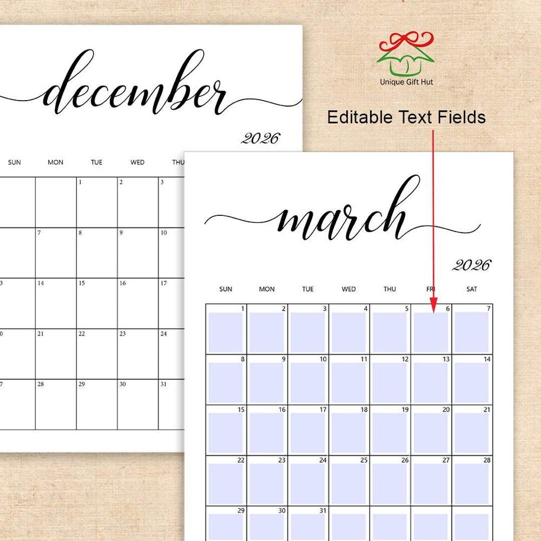 Printable Editable 2026 Monthly Calendar Clean and Simple Wall Desk ...
