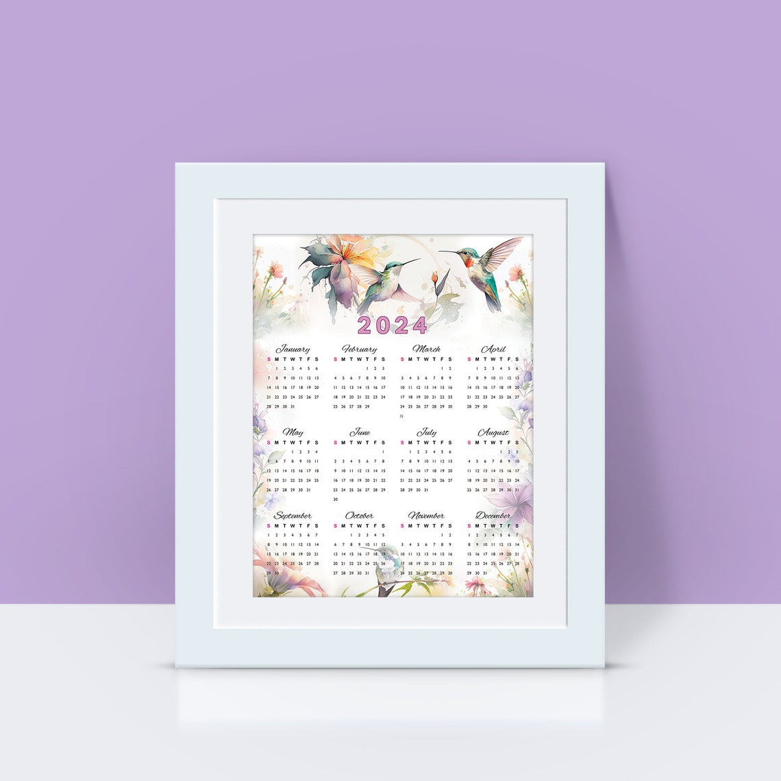 Printable 2024 Calendar Vertical Yearly Wall Calendar Hummingbird ...