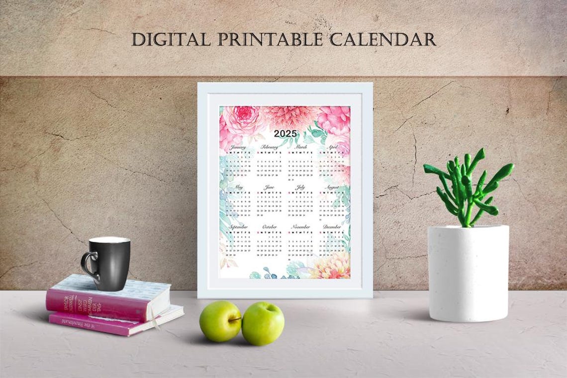 Printable 2025 Watercolor Floral Wall Calendar Vertical Yearly Calendar ...