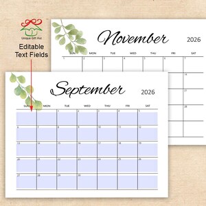 Printable Editable 2026 Watercolor Greenery Desk Calendar,monthly ...