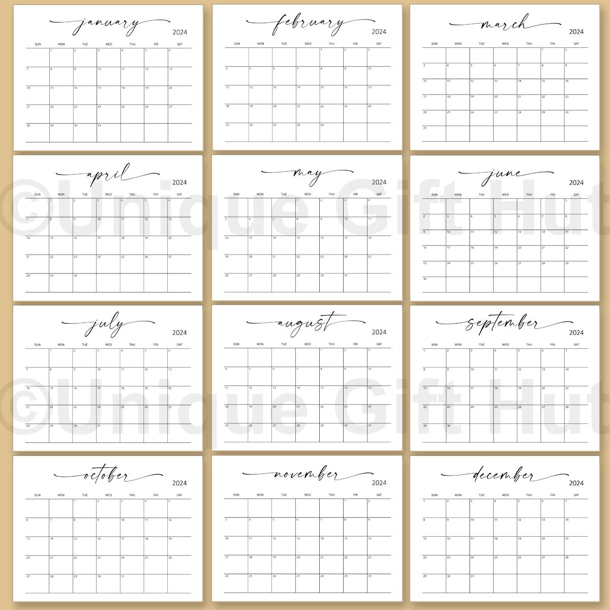 Editable Printable 2024 Minimalist Desk Calendar, Simple Monthly ...