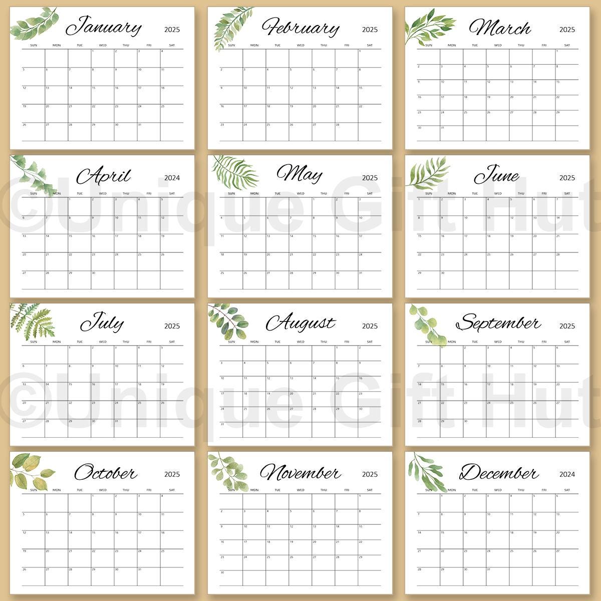 Printable Editable 2025 Watercolor Greenery Desk Calendar,monthly ...