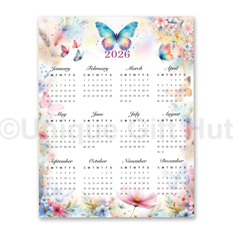2026 Butterfly Watercolor Calendar: Floral Wall Decor, Year at a Glance ...