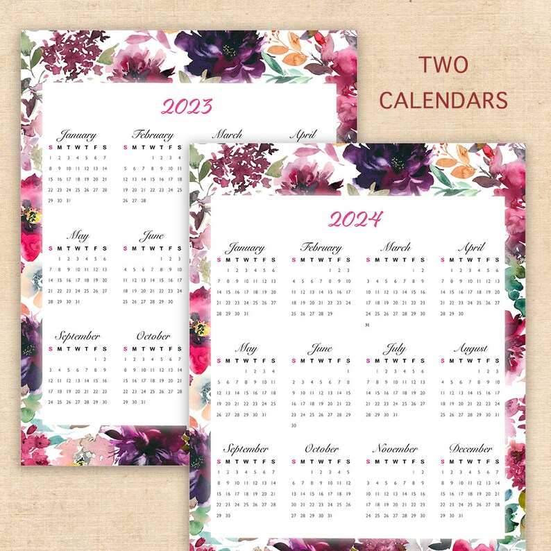 2024 & 2023 Printable Watercolor Floral Wall Calendar Bold Watercolor ...