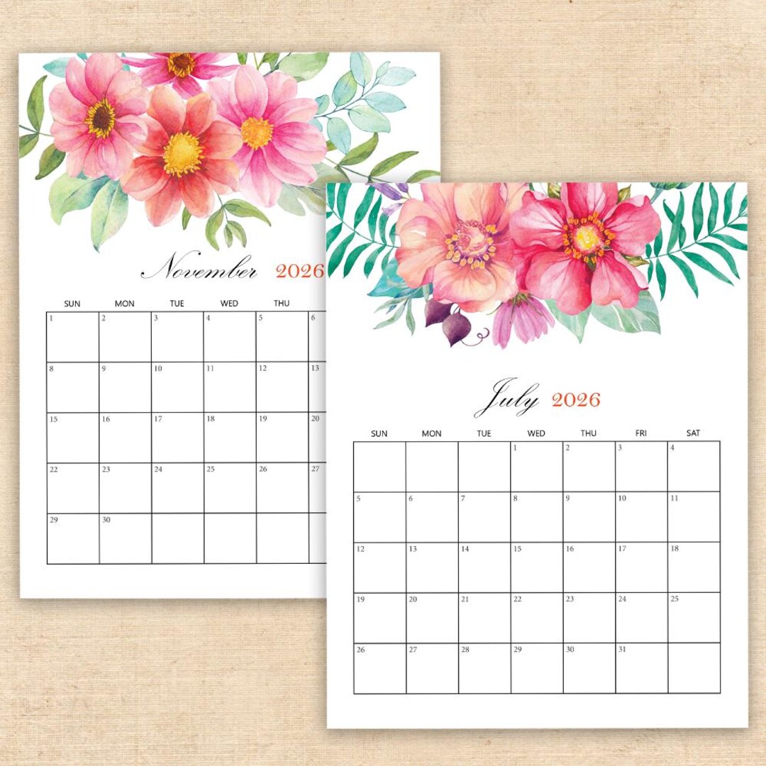Floral 2026 Calendar Printable PDF Monthly Planner Aesthetic Watercolor ...