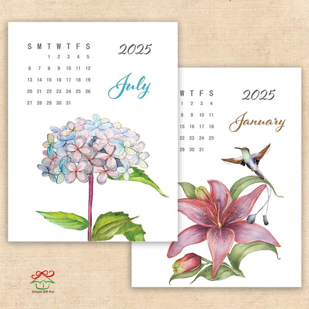2025 Printable Watercolor Floral Desk Calendar Flower & Bird Monthly ...