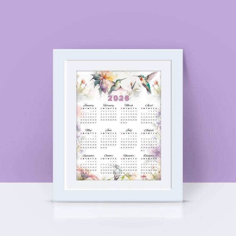 2026 Hummingbird Watercolor Calendar: Floral Wall Decor, Year at a ...