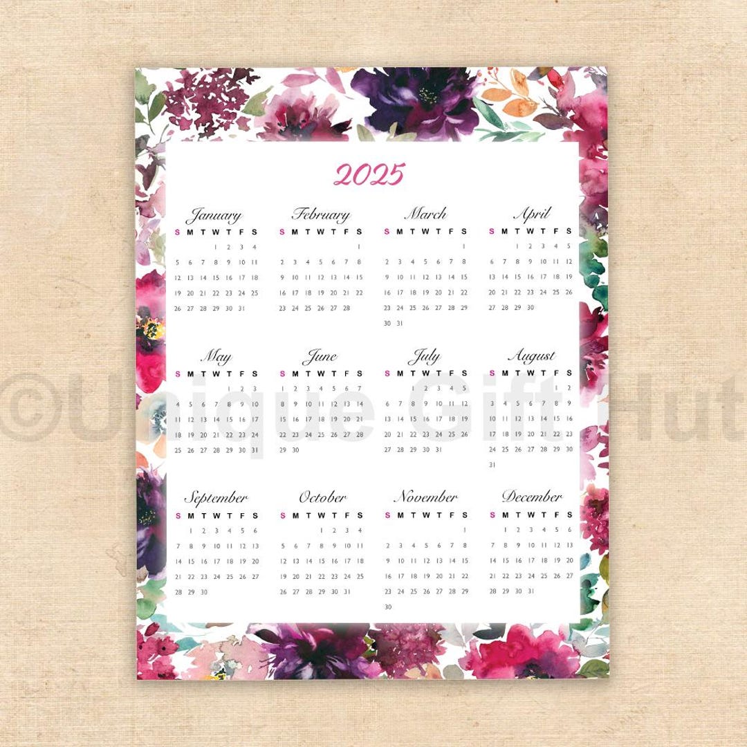 2025 Printable Watercolor Floral Wall Calendar Bold Watercolor Frame ...