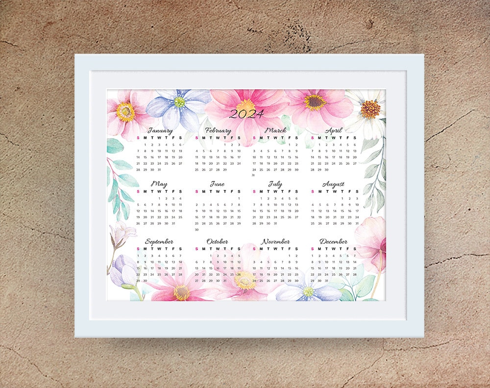 Printable 2024 Wall Calendar Watercolor Flower Yearly Calendar Elegant ...