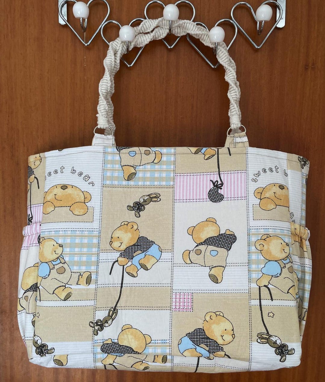 Teddy Bear Bag With Twisted Macrame Handle, 2 Side Pockets, Interior ...