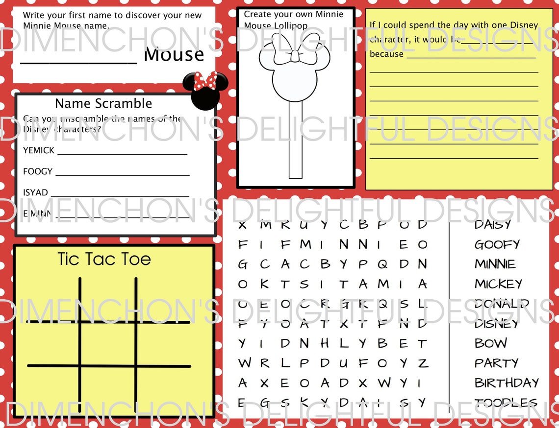 Minnie Mouse Activity Sheet Party Placemat INSTANT DOWNLOAD - Etsy