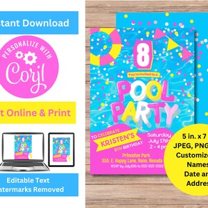 Pool Party Birthday Invitation age 8 DIY, Editable, Download & Print - Etsy