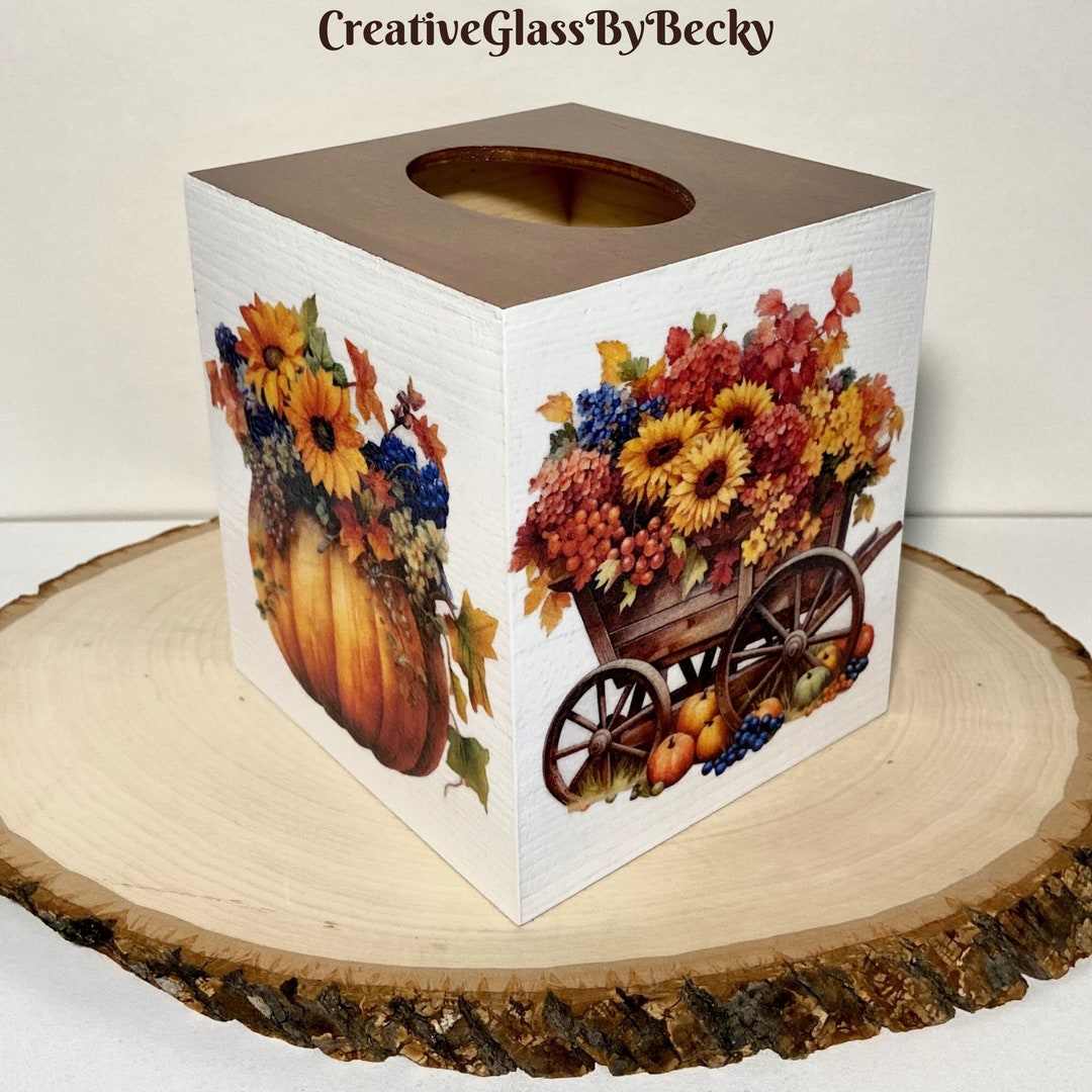 Pumpkin Tissue Box Cover, Decoupaged Tissue Box, Tissue Box Cover Wood ...