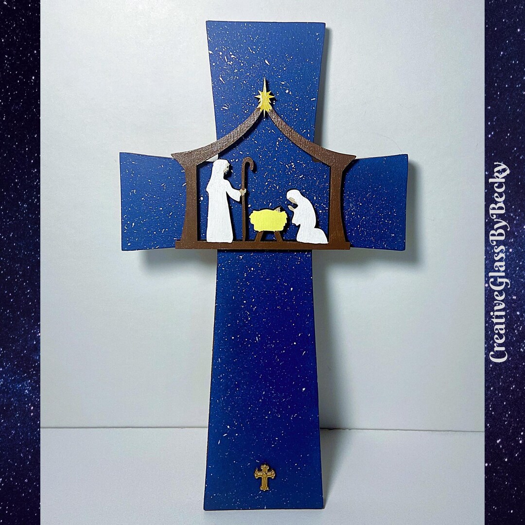 Nativity Scene Wood Cross, Manger Scene Wood Cross, Christian Christmas ...