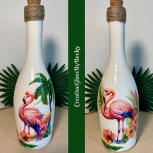 Flamingo Bottle Decor, Pink Flamingos, Decoupaged Bottle Art, Beach ...
