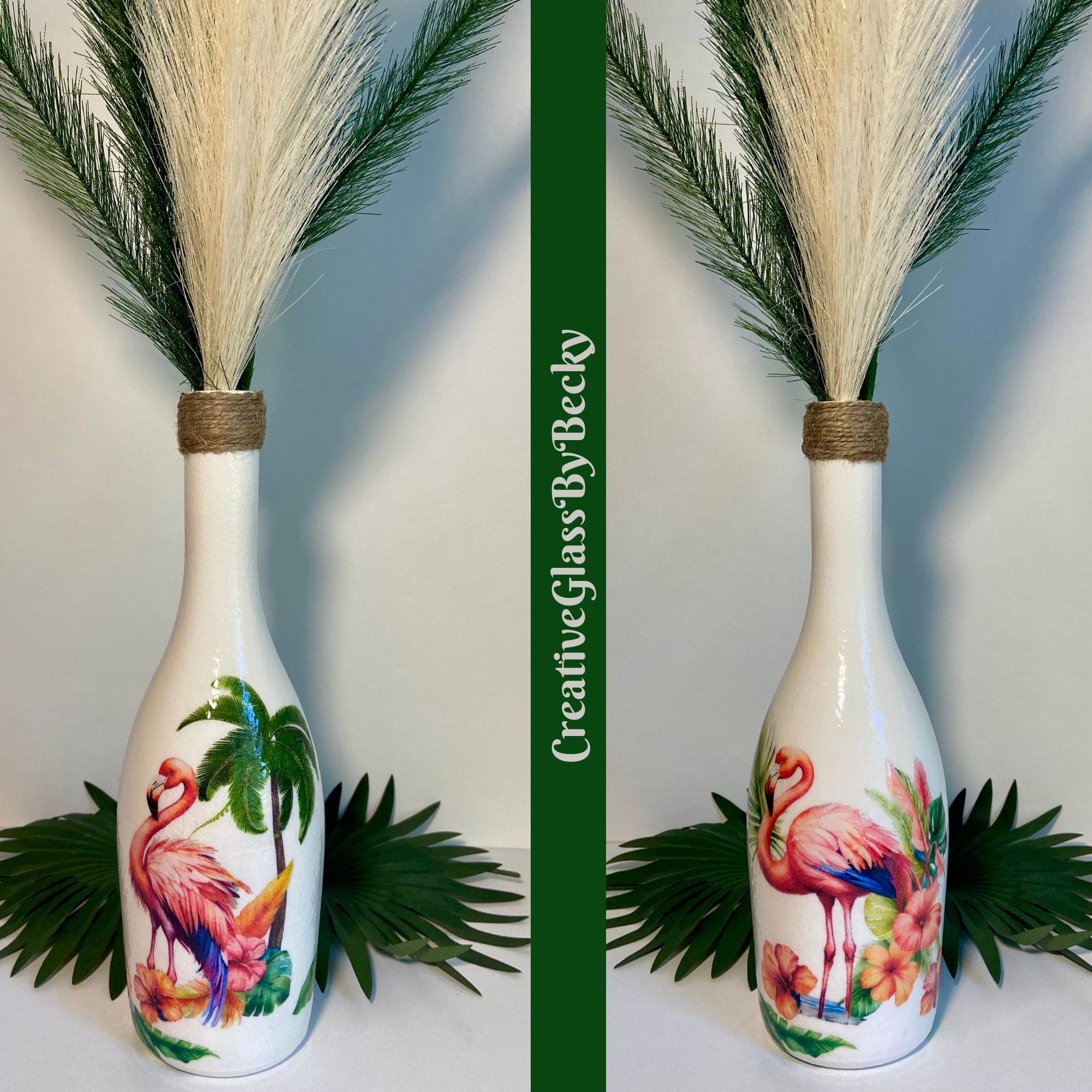 Flamingo Bottle Decor, Pink Flamingos, Decoupaged Bottle Art, Beach ...