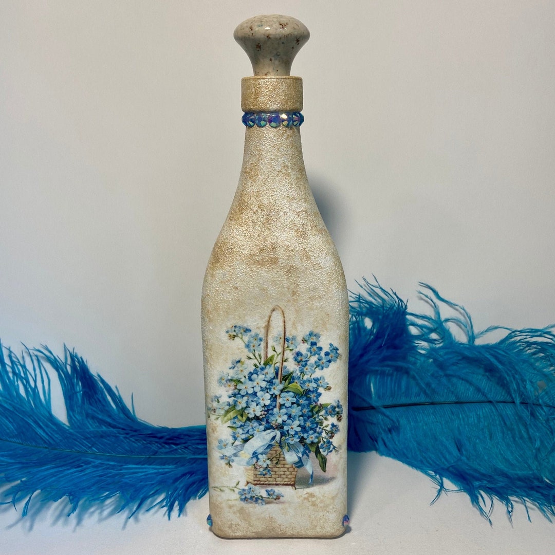Forget Me Not Decor, Decoupaged Bottles, Blue Forget Me Not Flowers ...