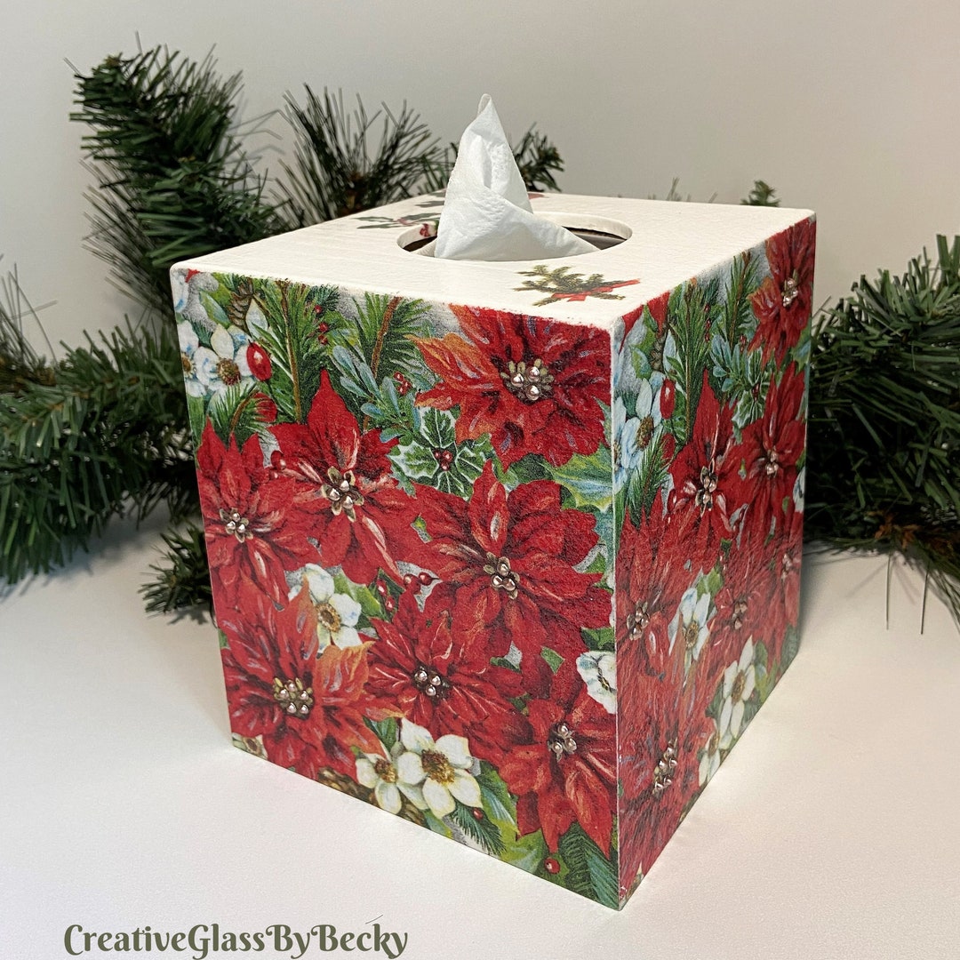 Poinsettia Christmas Decor, Poinsettia Tissue Box, Decoupaged Tissue ...