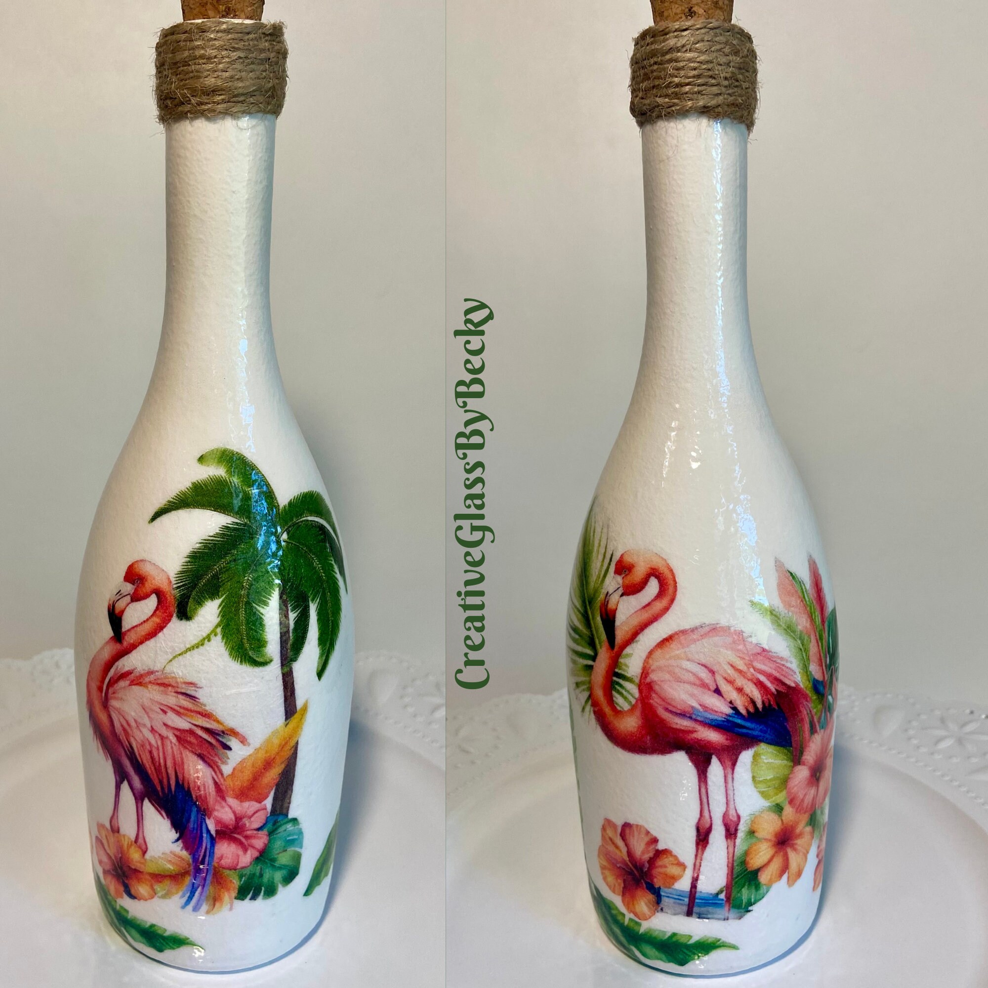 Flamingo Bottle Decor, Pink Flamingos, Decoupaged Bottle Art, Beach ...