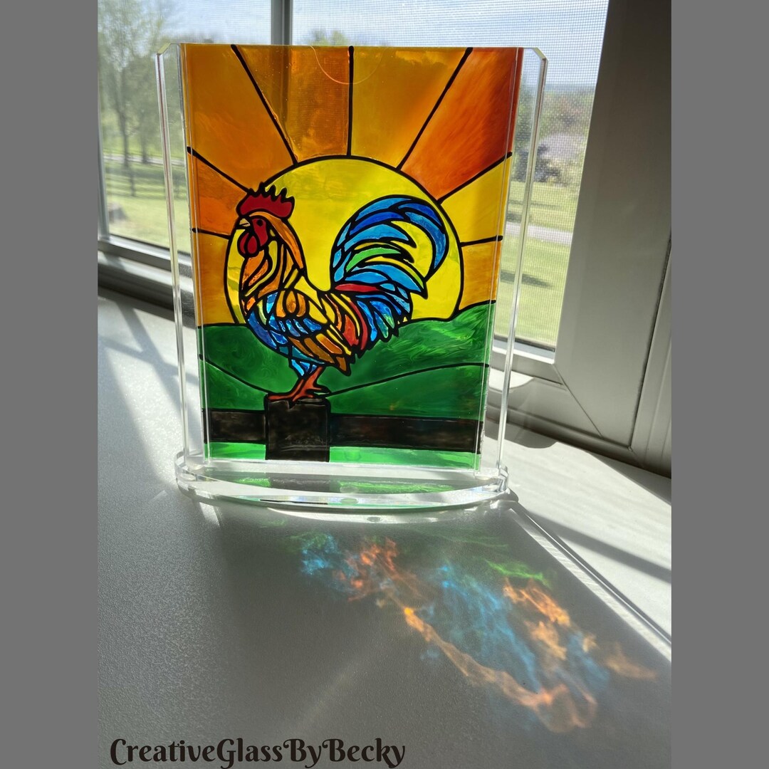 Hand Painted Rooster Stain Glass, Stain Glass Rooster, Faux Stained ...