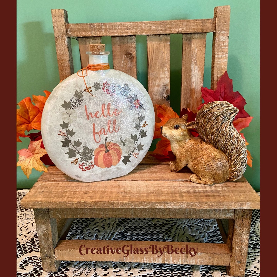 Hello Fall Decor, Red Truck Fall Decor, Lighted Bottles, Decoupaged ...