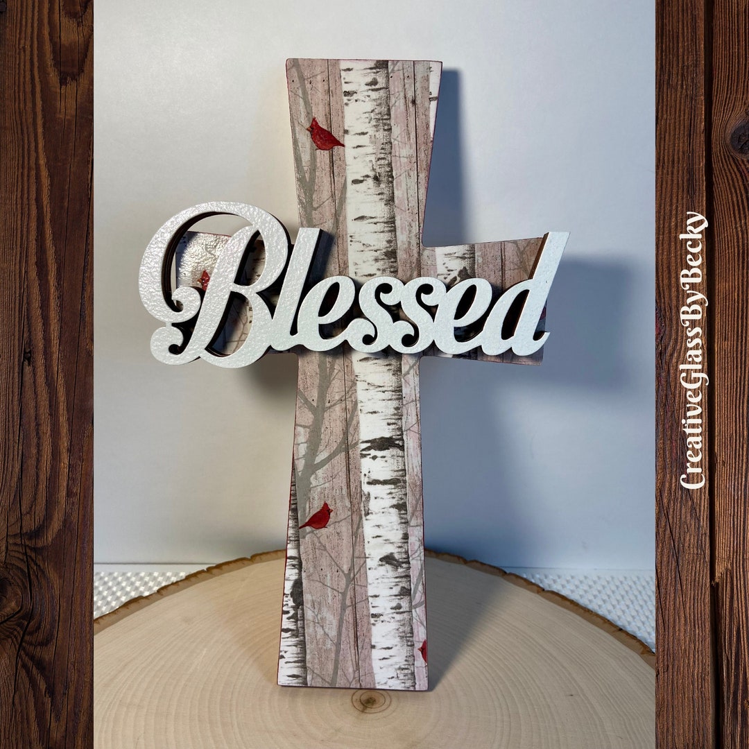 Blessed Wood Cross, Birch Tree and Cardinals, Wooden Crosses Wall Decor ...