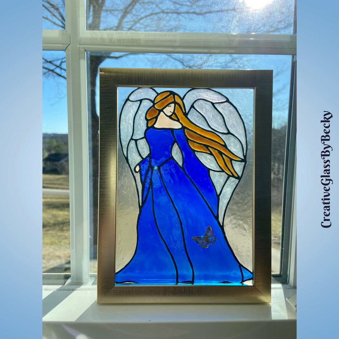 Angel Memorial Gift, Angel With Butterfly, Faux Stained Glass, Angel ...