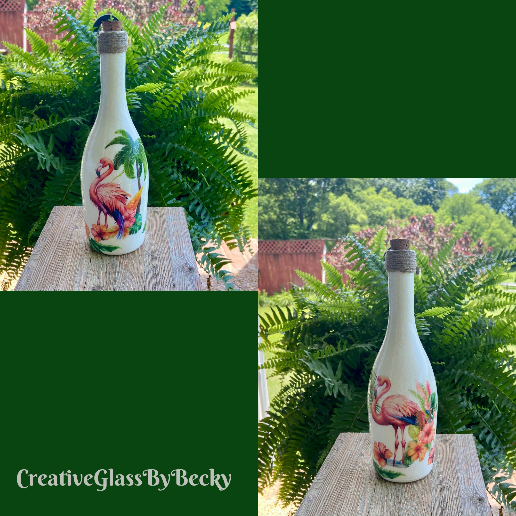 Flamingo Bottle Decor, Pink Flamingos, Decoupaged Bottle Art, Beach ...
