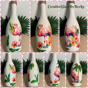 Flamingo Bottle Decor, Pink Flamingos, Decoupaged Bottle Art, Beach ...