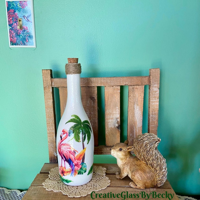 Flamingo Bottle Decor, Pink Flamingos, Decoupaged Bottle Art, Beach ...