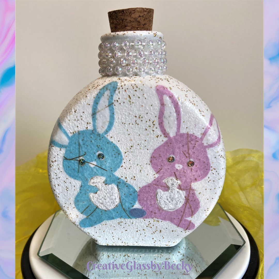 Bunny Bottle, Cute Bunny Decor, Decoupaged Bottles, Gifts Under 30 ...