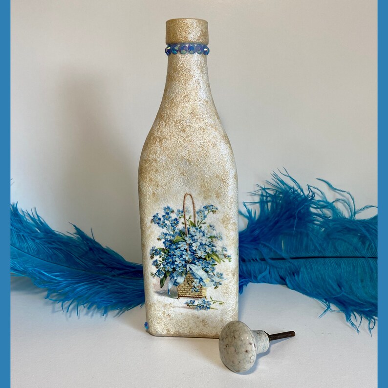 Forget Me Not Decor Decoupaged Bottles Blue Forget Me Not | Etsy