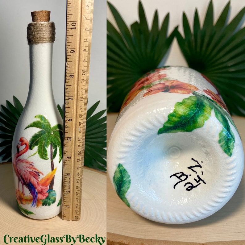 Flamingo Bottle Decor, Pink Flamingos, Decoupaged Bottle Art, Beach ...
