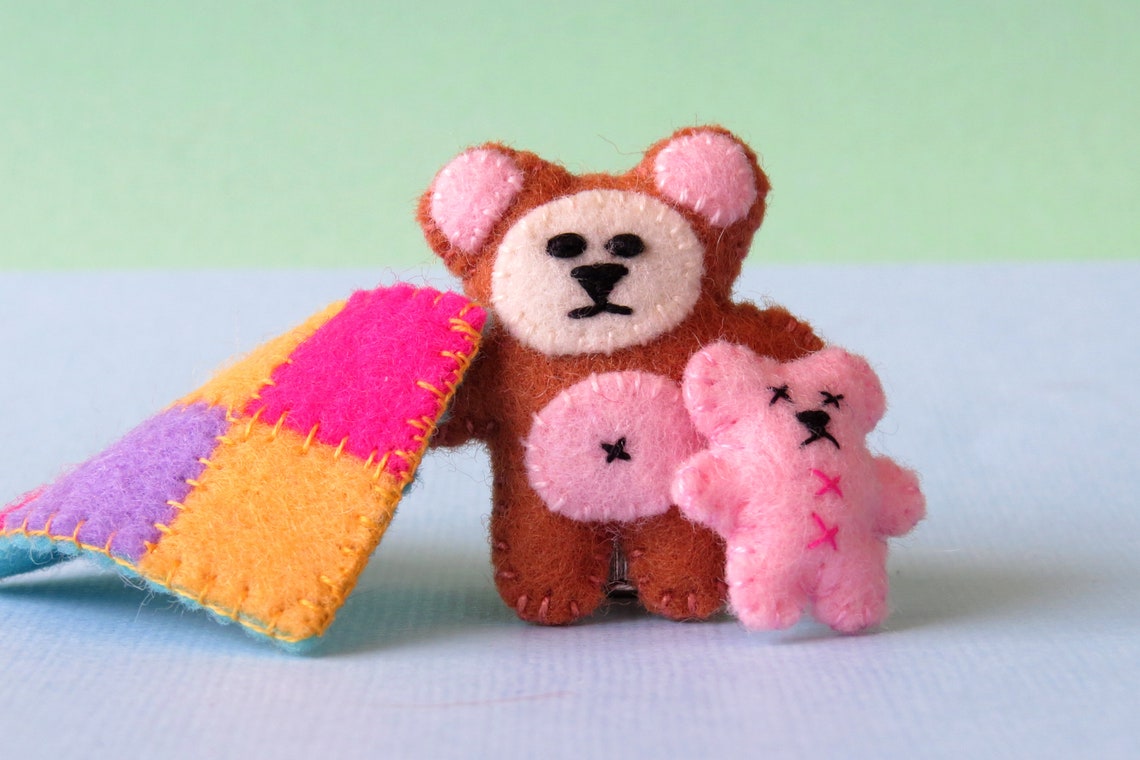 Miniature felt teddy bear play set tiny teddy in a tin bed | Etsy