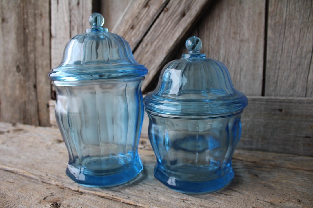 Indiana Glass Blue Azure Apothecary Jars 8" and 10" Heavy Paneled ...