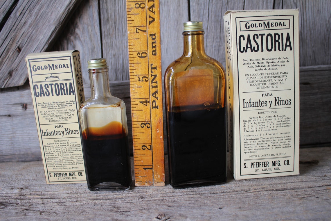 Two Antique Gold Medal Castoria Laxative Drug Store Medicine Bottles ...