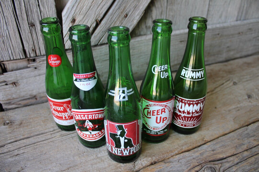 Lot of 5 Unique Green Glass ACL Soda Pop Bottles Advertising ...