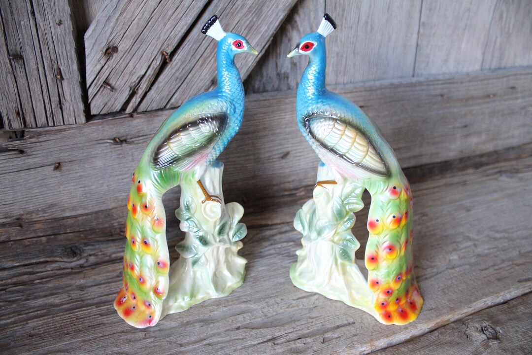 Mid Century Ceramic Iridescent Peacock 9 Figures for Colorful Retro ...